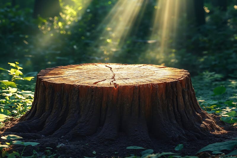 A Tree Stump in the Middle of a Forest with Sunlight Shining through ...