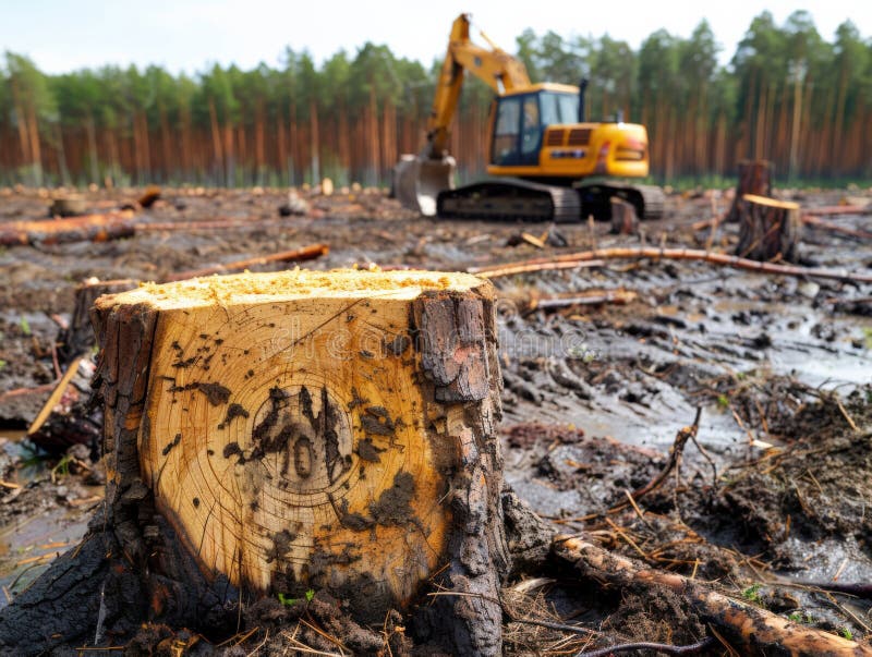 Tree Stump in a Muddy Area with an Excavator in the Background Stock ...