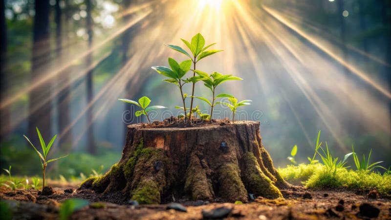 Tree Stump with New Saplings Surrounded by Sunlight and Greenery Stock ...