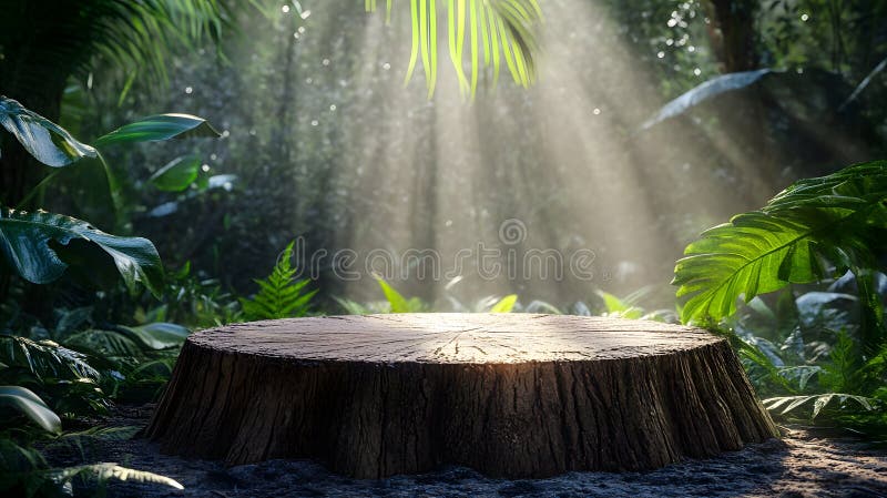 Tree Stump Product Display in Lush Jungle Setting with Sunbeams Stock ...