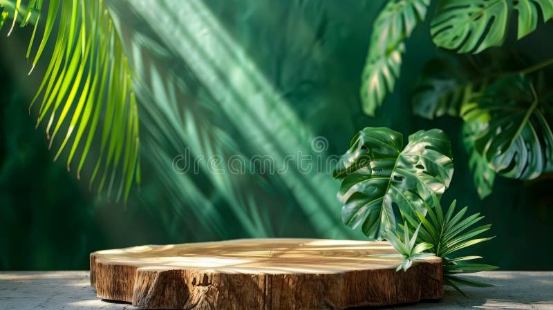 A Tree Stump Rests on a Table Against a Green Wall, Creating a Rustic ...