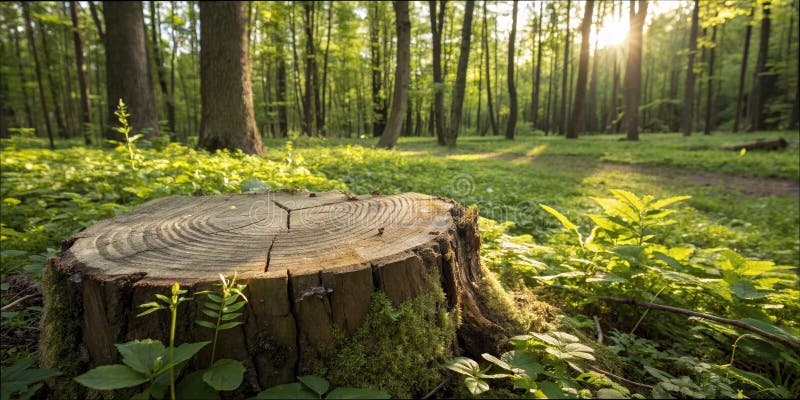 Tree Stump Rings in Sunlit Forest Stock Image - Image of forest ...