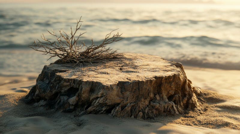 Tree Stump on Sandy Beach at Sunset Stock Illustration - Illustration ...
