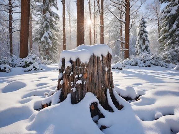 A Tree Stump in the Snow with the Sun Shining through the Trees Stock ...