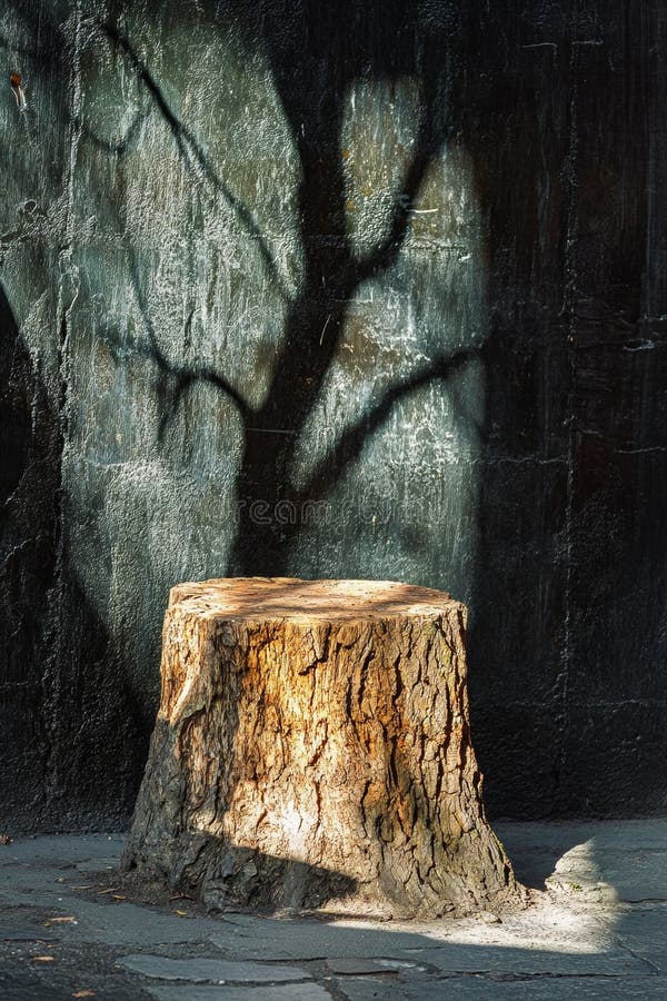 Tree Stump Casting a Shadow on a Textured Wall in a Quiet Outdoor ...