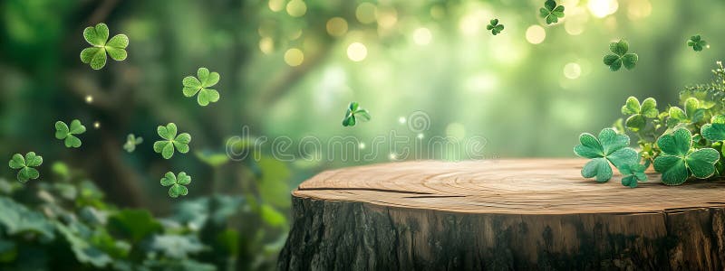Tree Stump Surrounded by Clover Leaves in Magical Forest Setting. St ...