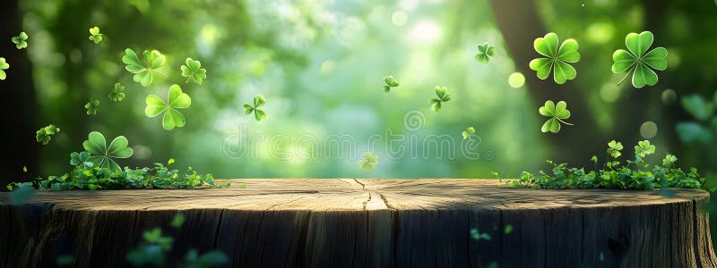 Tree Stump Surrounded by Clover Leaves in Magical Forest Setting. St ...