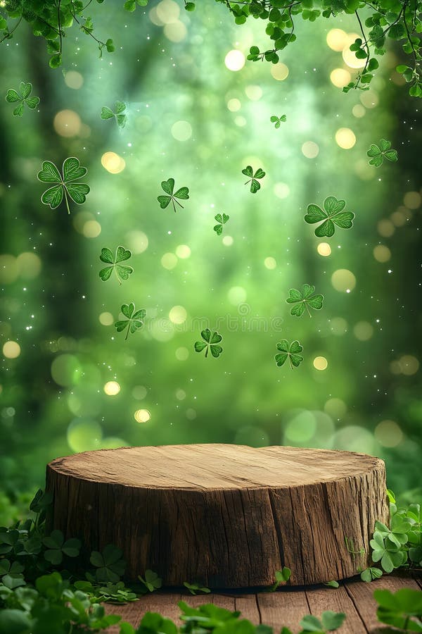 Tree Stump Surrounded by Clover Leaves in Magical Forest Setting. St ...
