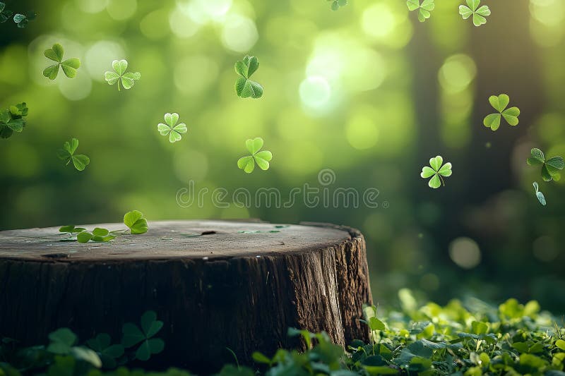Tree Stump Surrounded by Clover Leaves in Magical Forest Setting. St ...