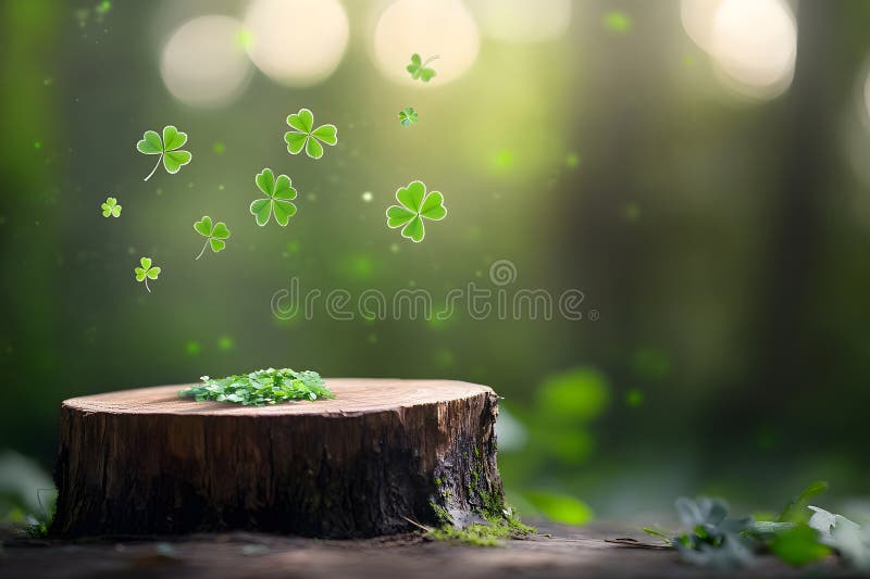 Tree Stump Surrounded by Clover Leaves in Magical Forest Setting. St ...