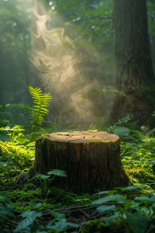 A Tree Stump Surrounded by Dense Forest Trees and Moss-covered Ground ...