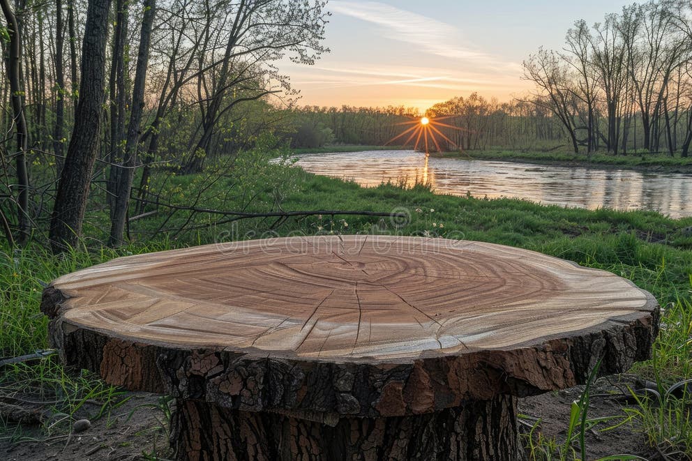 Tree Stump Tabletop Overlooking a Sunset River Stock Illustration ...