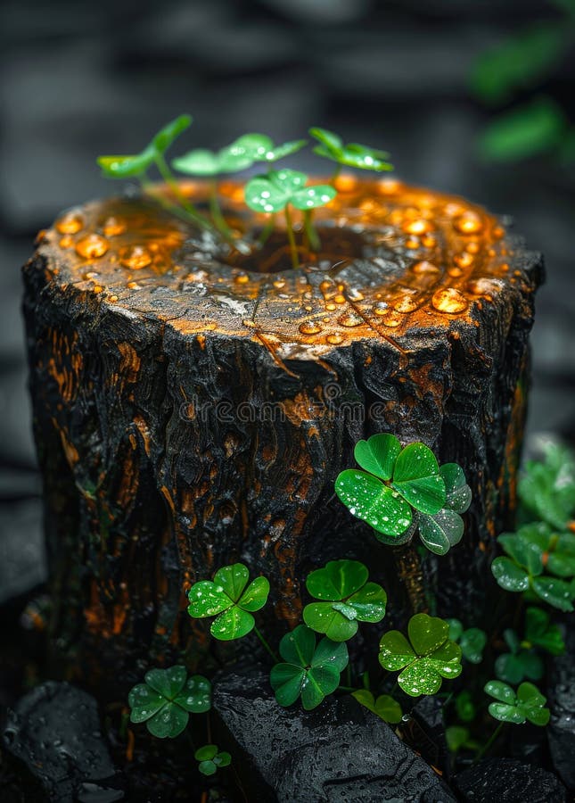 Tree Stump is Tree Trunk with Green Sprout and Clover Leaves Stock ...