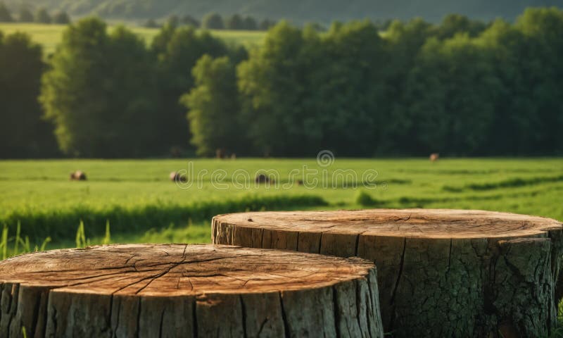Two Tree Stumps Side by Side with a Green Field and Forest Background ...