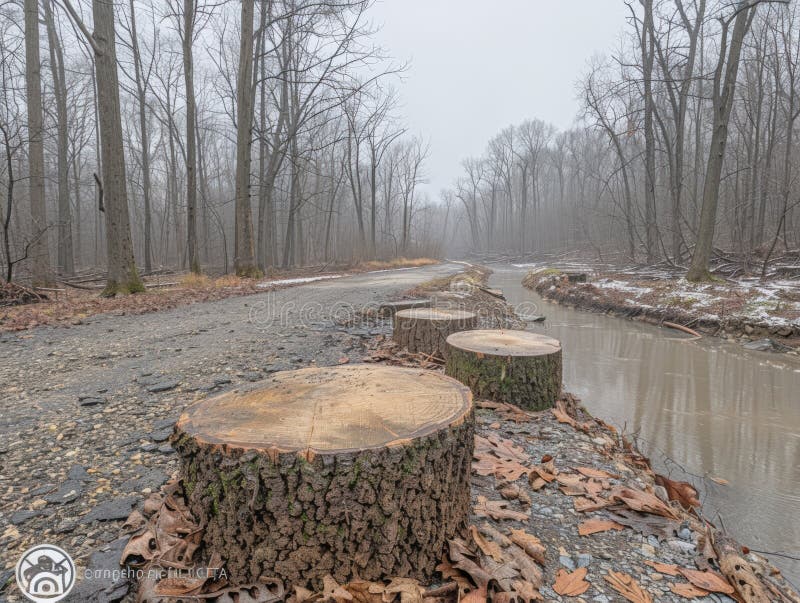 Tree Stumps Line a Deserted Path in a Misty Forest Stock Photo - Image ...