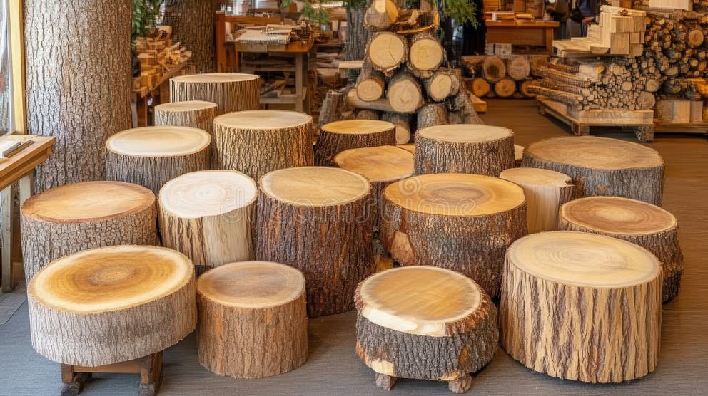 Tree Stumps Rustic Seating and Natural Textures in Woodworking Shop ...