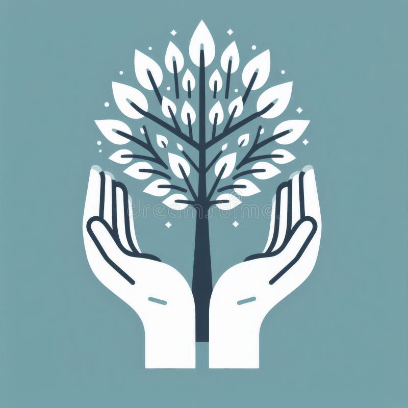 Tree with Stylized White Leaves Held by Two Hands on a Blue Background ...