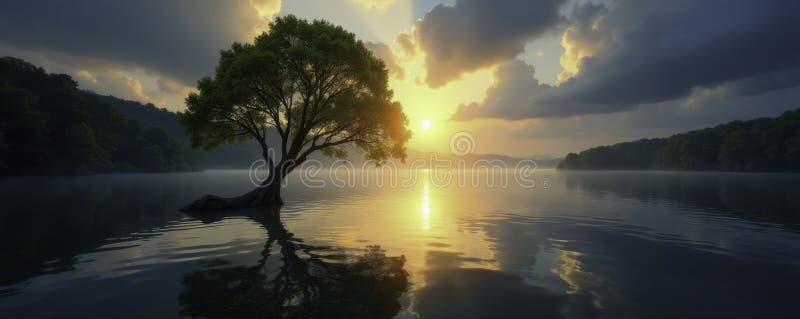 Tree Submerged in Lake with Sunburst Shining through Water, Scenery ...