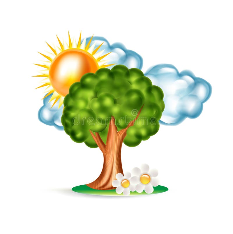 Tree with Sun and Clouds and Flowers on White Stock Vector ...