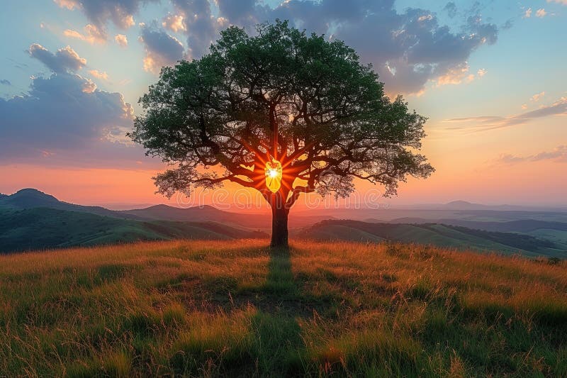 Tree with the Sun Shining through Its Trunk at Sunset Stock ...