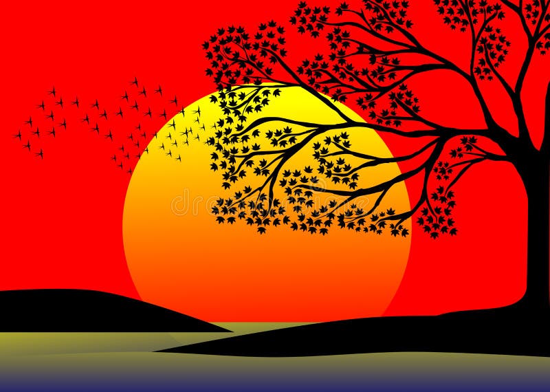 Tree at Sunset with Sun and Birds Stock Illustration - Illustration of ...