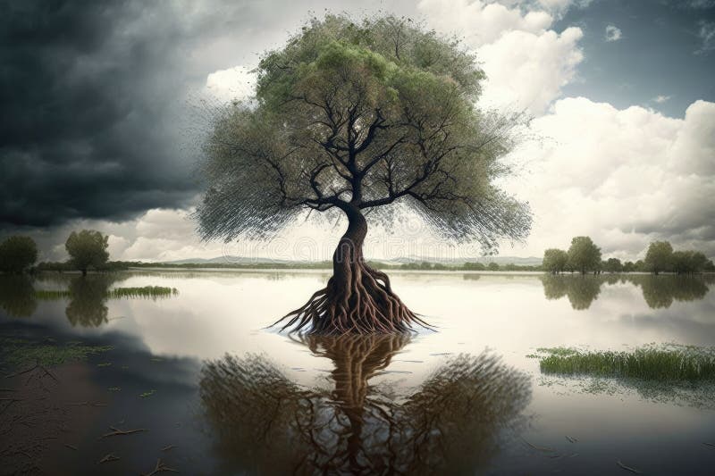 Tree Surrounded by Flood Waters after Heavy Rain Stock Illustration ...