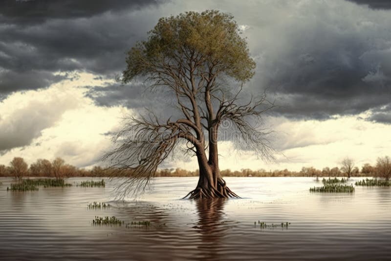 Tree Surrounded by Flood Waters after Heavy Rain Stock Illustration ...