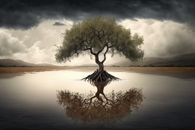 Tree Surrounded by Flood Waters after Heavy Rain Stock Illustration ...