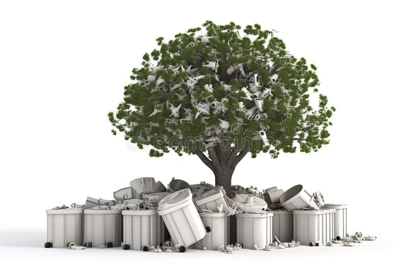The Tree is Surrounded by Many Recyclable Bins on a White Background ...