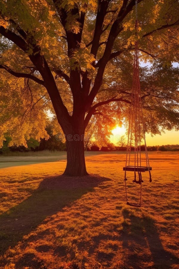 Tree Swing Illuminated by Warm Sunset Glow, Long Shadows Stock ...