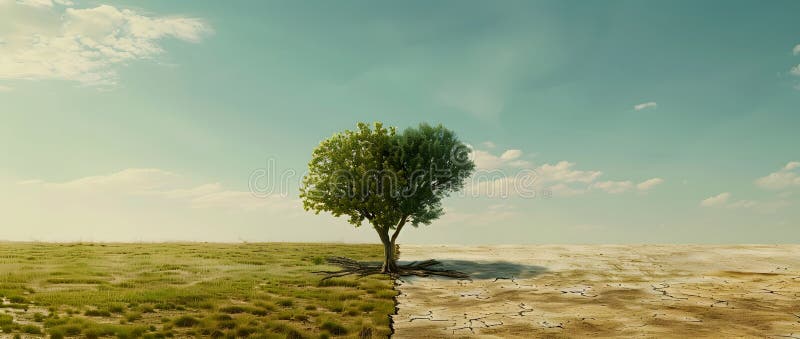 Tree Symbolizing Climate Change Half Green Grass, Half Dry Desert Stock ...