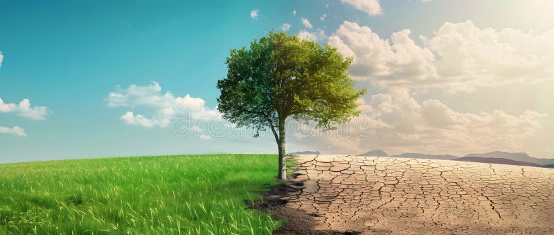 Tree Symbolizing Climate Change in Split Landscape Stock Illustration ...