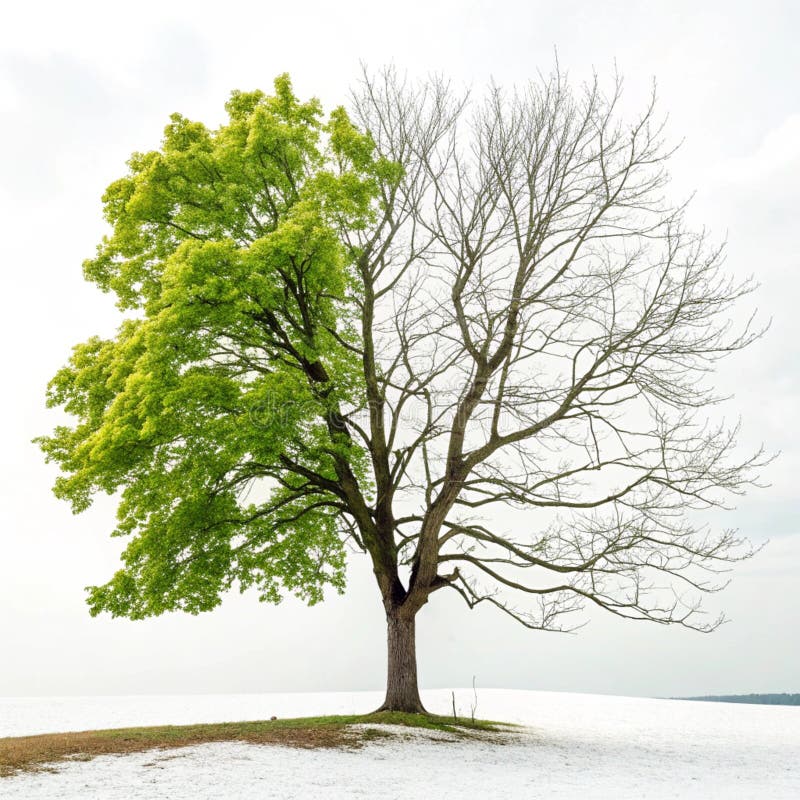 Four Season Change Concept Tree on Summer and Winter Sky Background ...