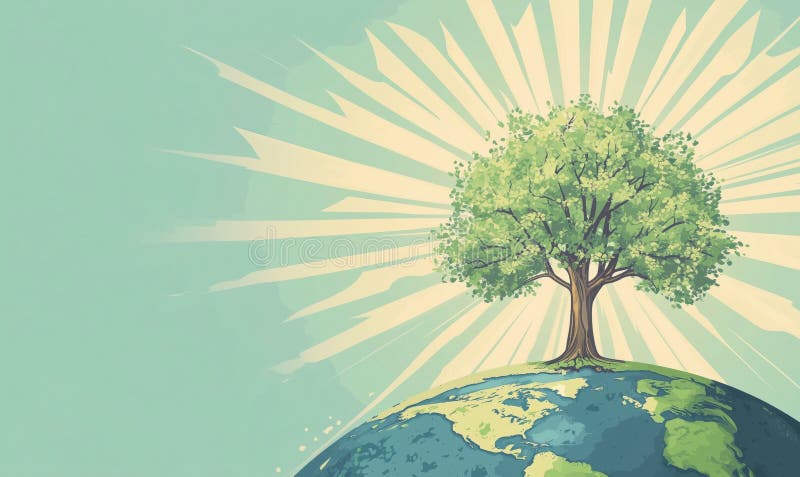Tree Symbolizing Life and Growth on Earth with Radiant Sunburst ...
