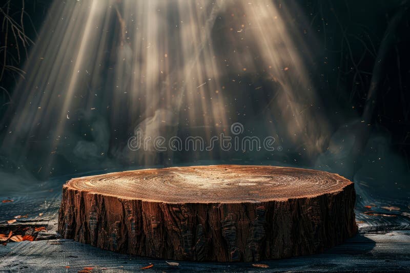 Tree Table Podium Set Against a Backdrop of Lush Forest Scenery ...