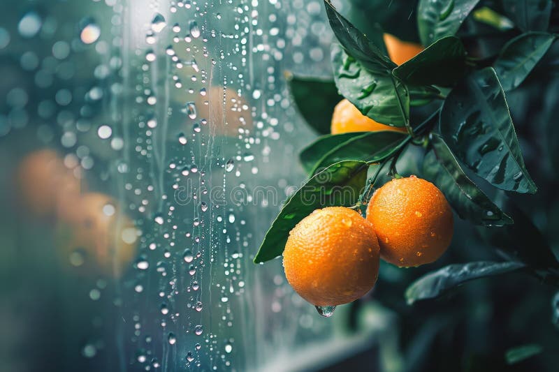 A Tree with Three Oranges on it and Raindrops on the Leaves Stock Photo ...