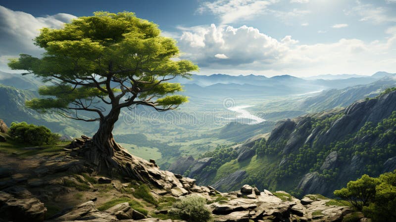 Tree on Top of Mountain Range Stock Image - Image of blue, green: 291751857