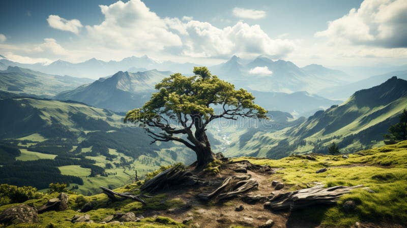 Tree on Top of Mountain Range Stock Photo - Image of people, rock ...