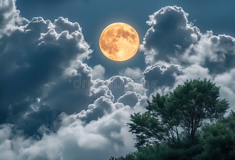 Tree Tops with Full Night Moon Overhead in Thick Clouds Stock ...