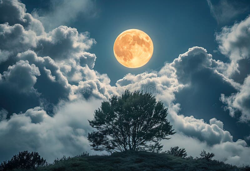 Tree Tops with Full Night Moon Overhead in Thick Clouds Stock ...