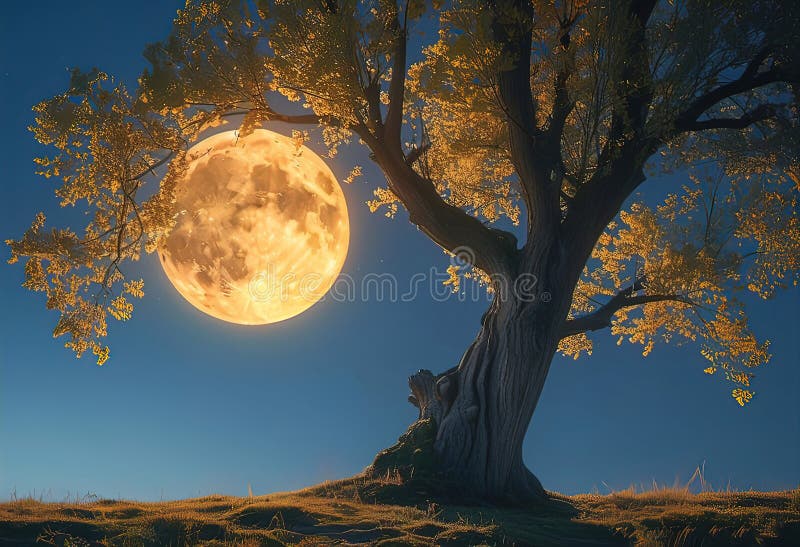 Tree Tops with Full Night Moon Overhead in Thick Clouds Stock ...