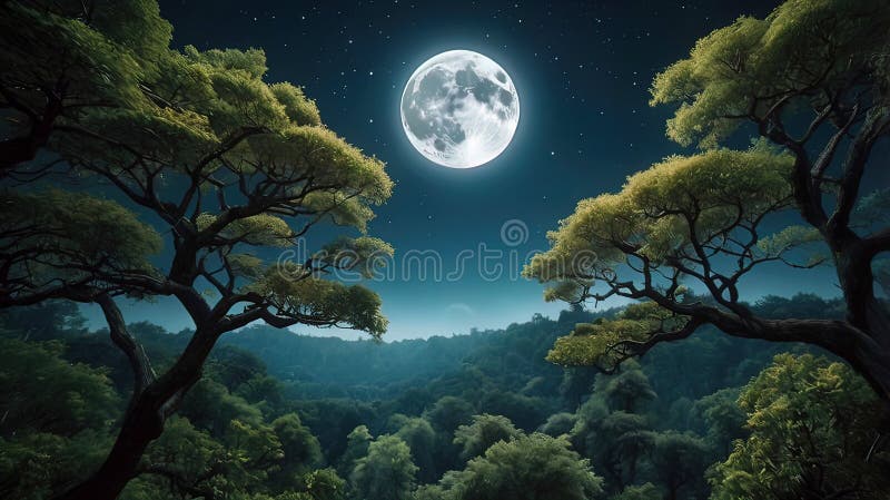 Tree Tops with Full Night Moon Overhead in Thick Clouds Stock ...