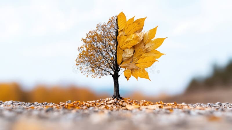 Tree in Transition with Green and Bare Sides, Golden Leaves on Ground ...