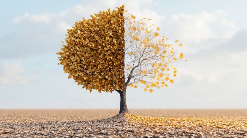 Tree in Transition with Green and Bare Sides, Golden Leaves on the ...