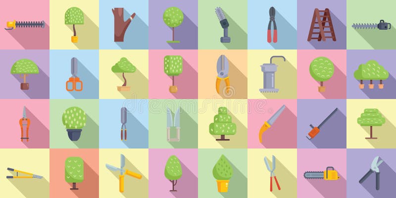 Tree Trimming Icons Set Flat Vector. Chainsaw Tree Stock Vector - Illustration of person ...