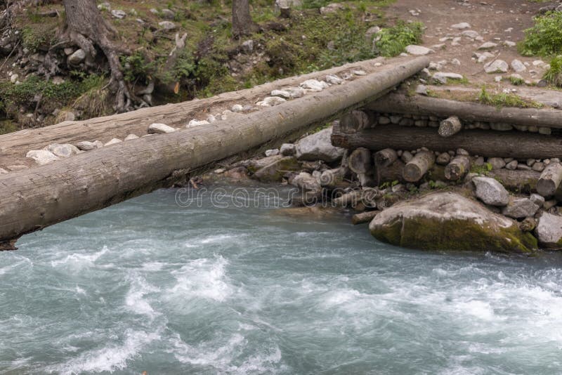 Tree Trunk Bridge Over a River in Kumrat, Pakistan Stock Photo - Image ...