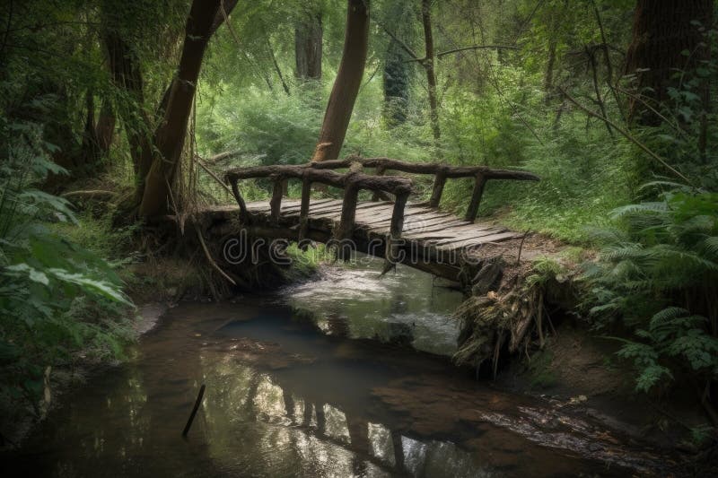 Tree Trunk Bridge Over Tranquil Forest Stream Stock Illustration ...