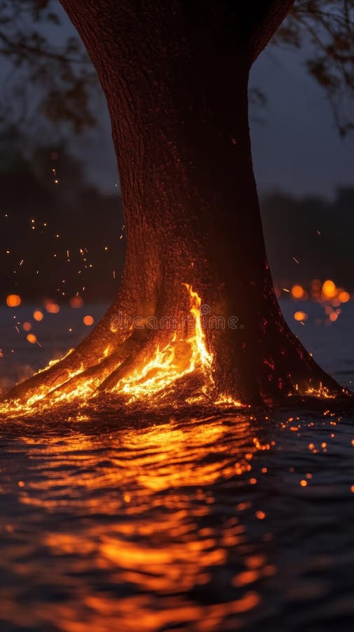 Tree Trunk Engulfed in Flames by Water at Night, Dramatic Nature Scene ...