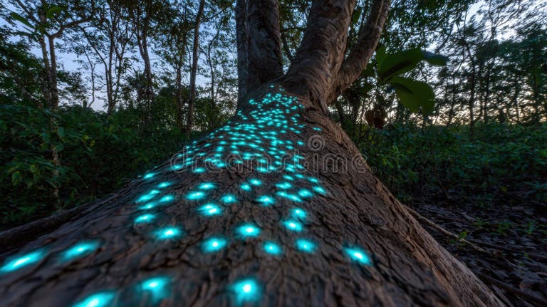 A Tree Trunk with Glowing Blue Lights. Stock Photo - Image of bark ...