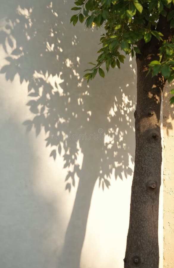 Tree Trunk and Its Shadow with Leaf Pattern Cast on White Wall ...